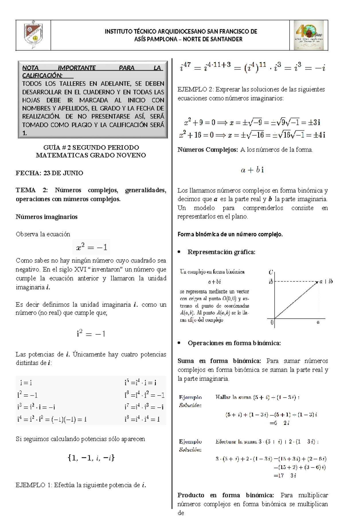 Taller números complejos - INSTITUTO TÉCNICO ARQUIDIOCESANO SAN ...
