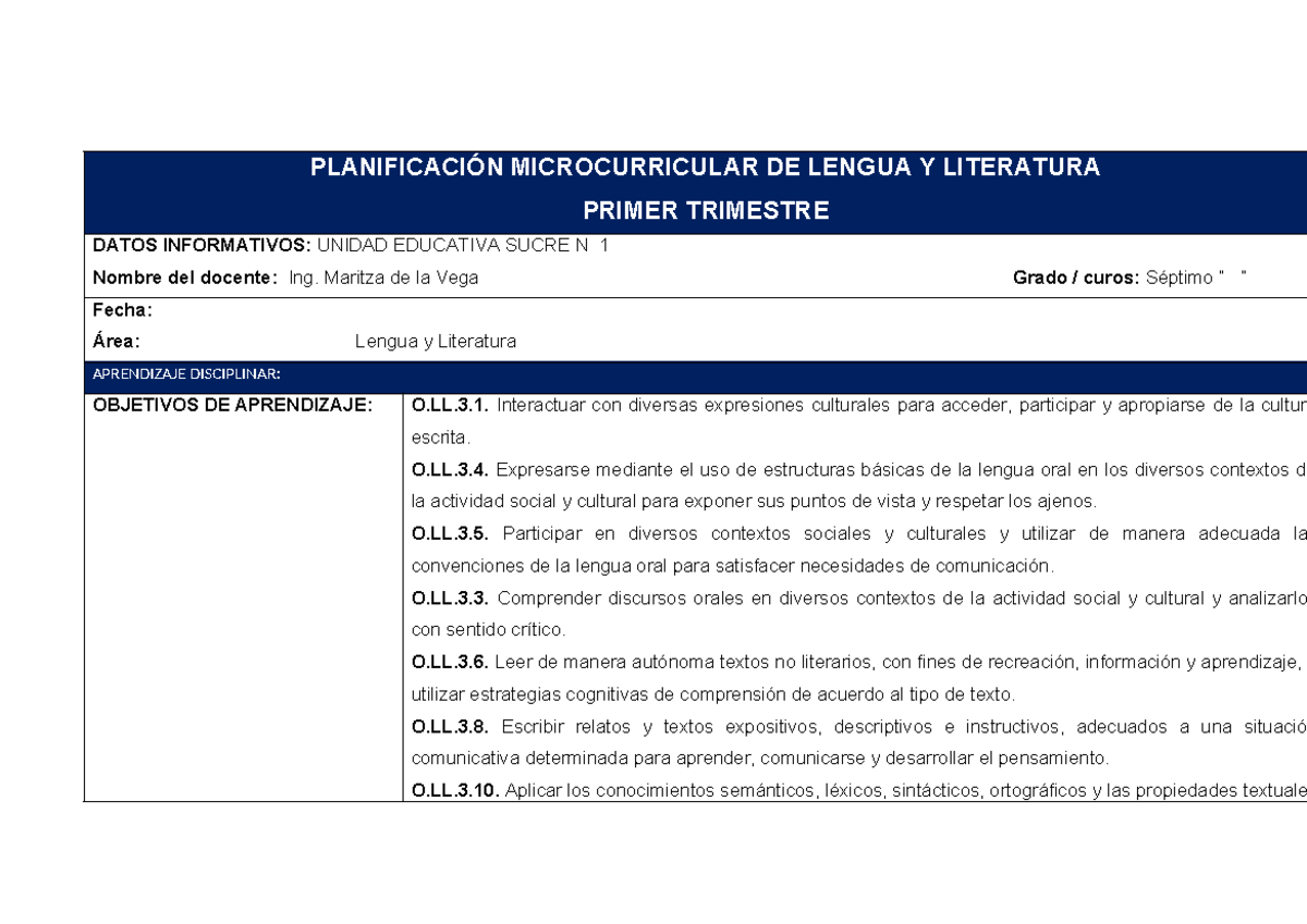 7MO - LL - 1ER - Trimestre - PLANIFICACIÓN MICROCURRICULAR DE LENGUA Y LITERATURA PRIMER ...