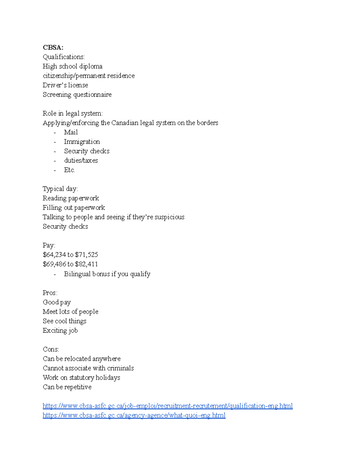 CBSA Job Analysis notes - CBSA: Qualifications: High school diploma ...