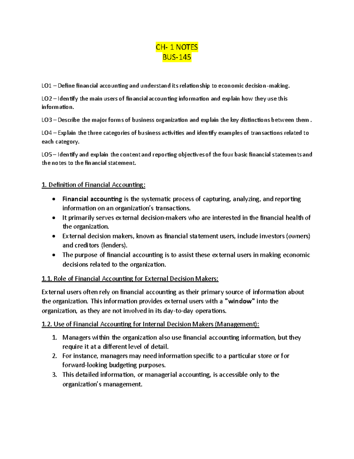 CH 1 - ch 1 notes - CH- 1 NOTES BUS- 145 LO1 – Define financial ...