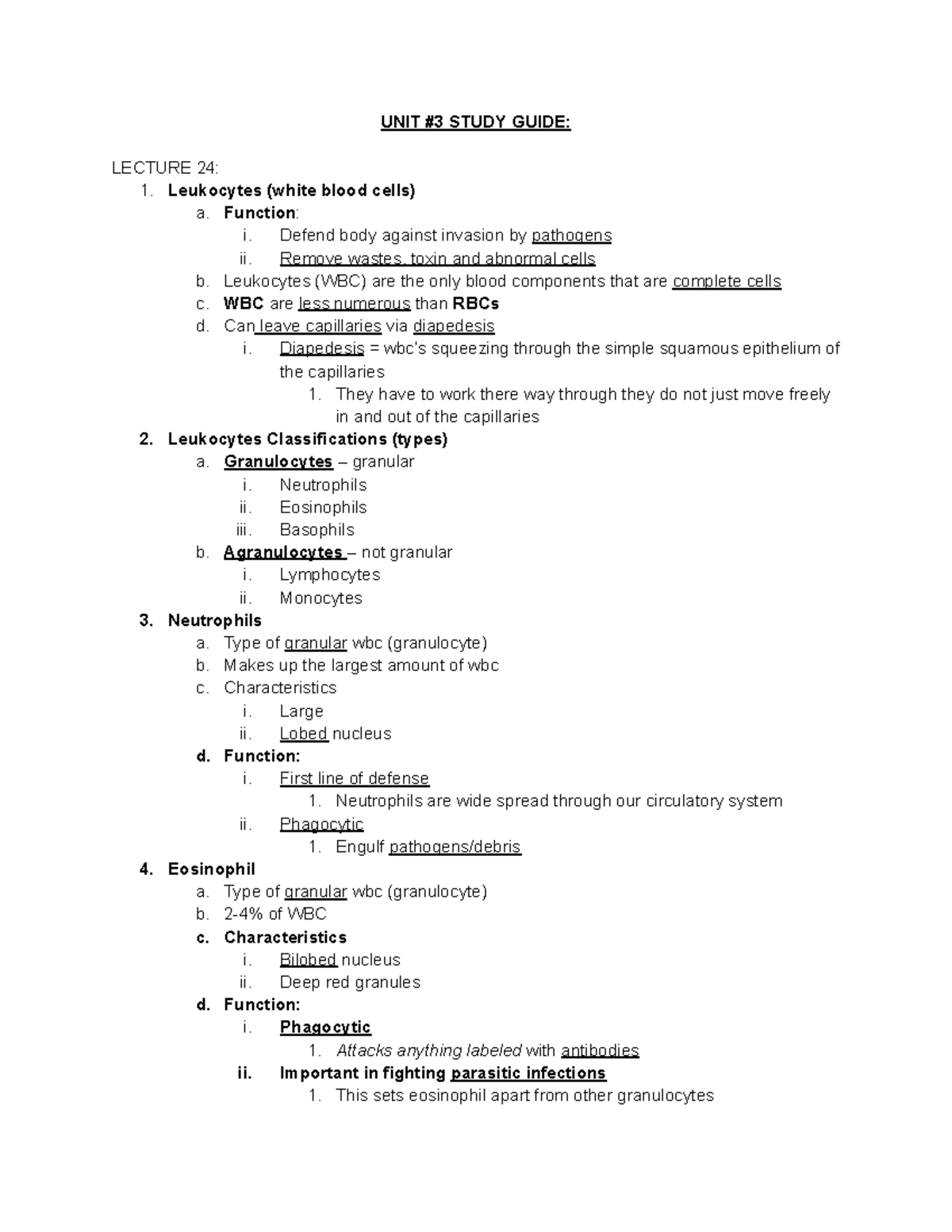 UNIT #3 A&PII Study Guide - UNIT #3 STUDY GUIDE: LECTURE 24: Leukocytes ...
