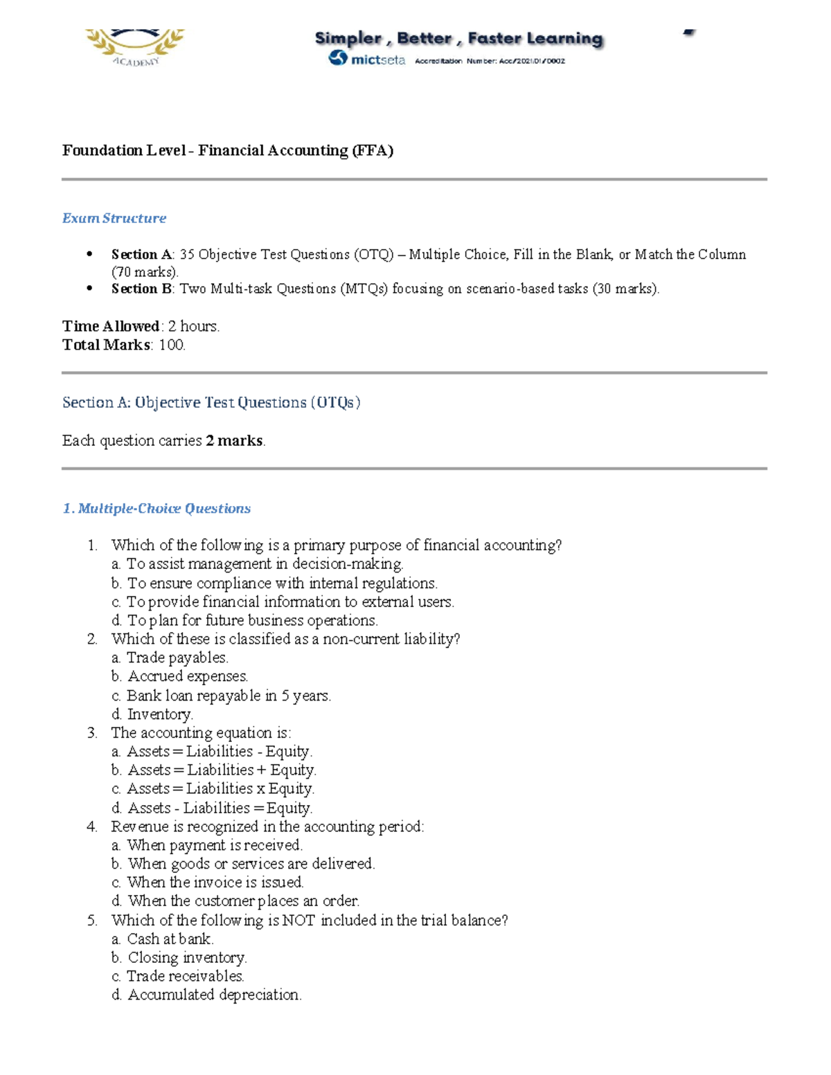 Learn Quick FFA Mock Exam - Foundation Level - Financial Accounting ...