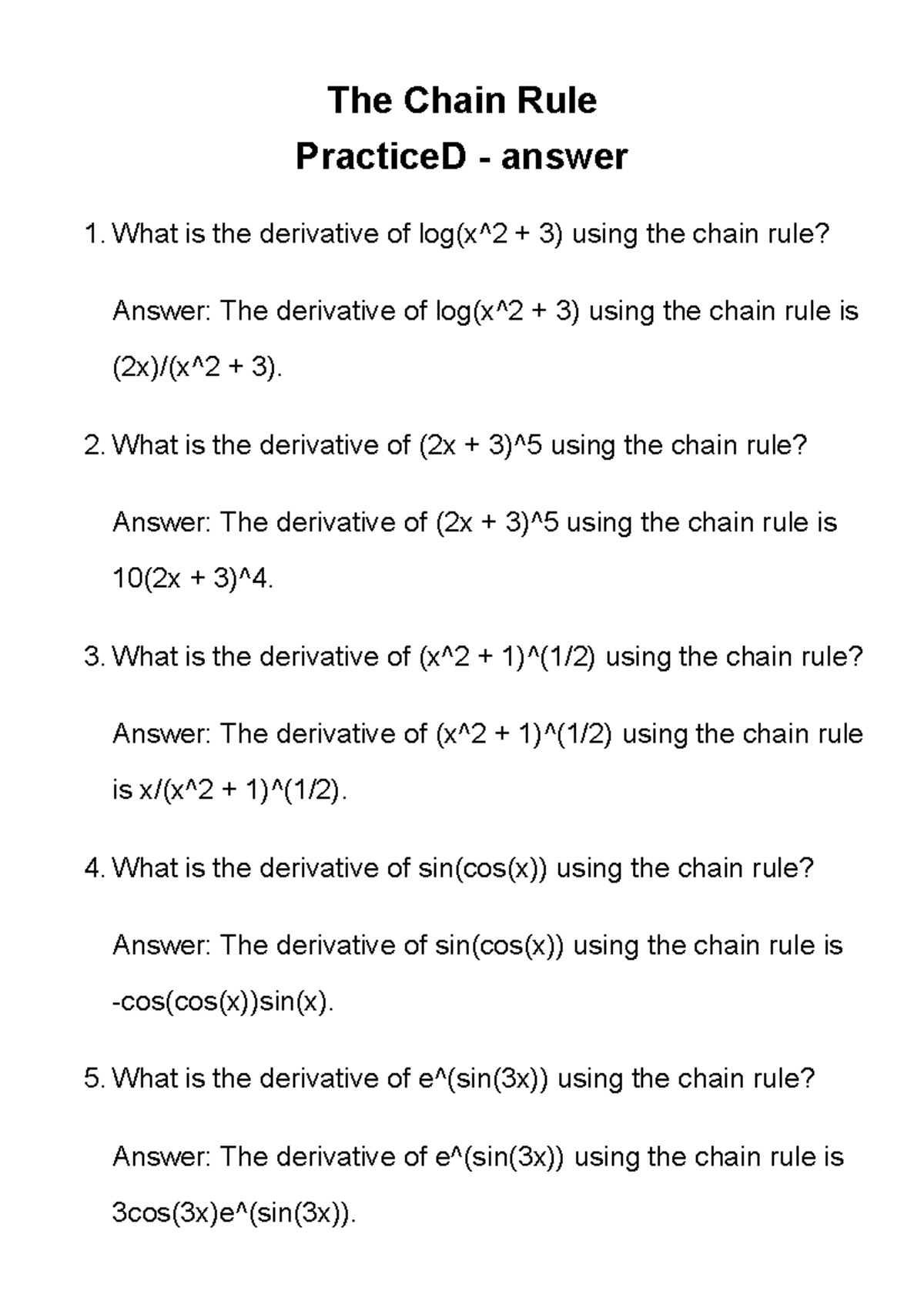 The Chain Rule Practice D - answer - The Chain Rule PracticeD - answer ...