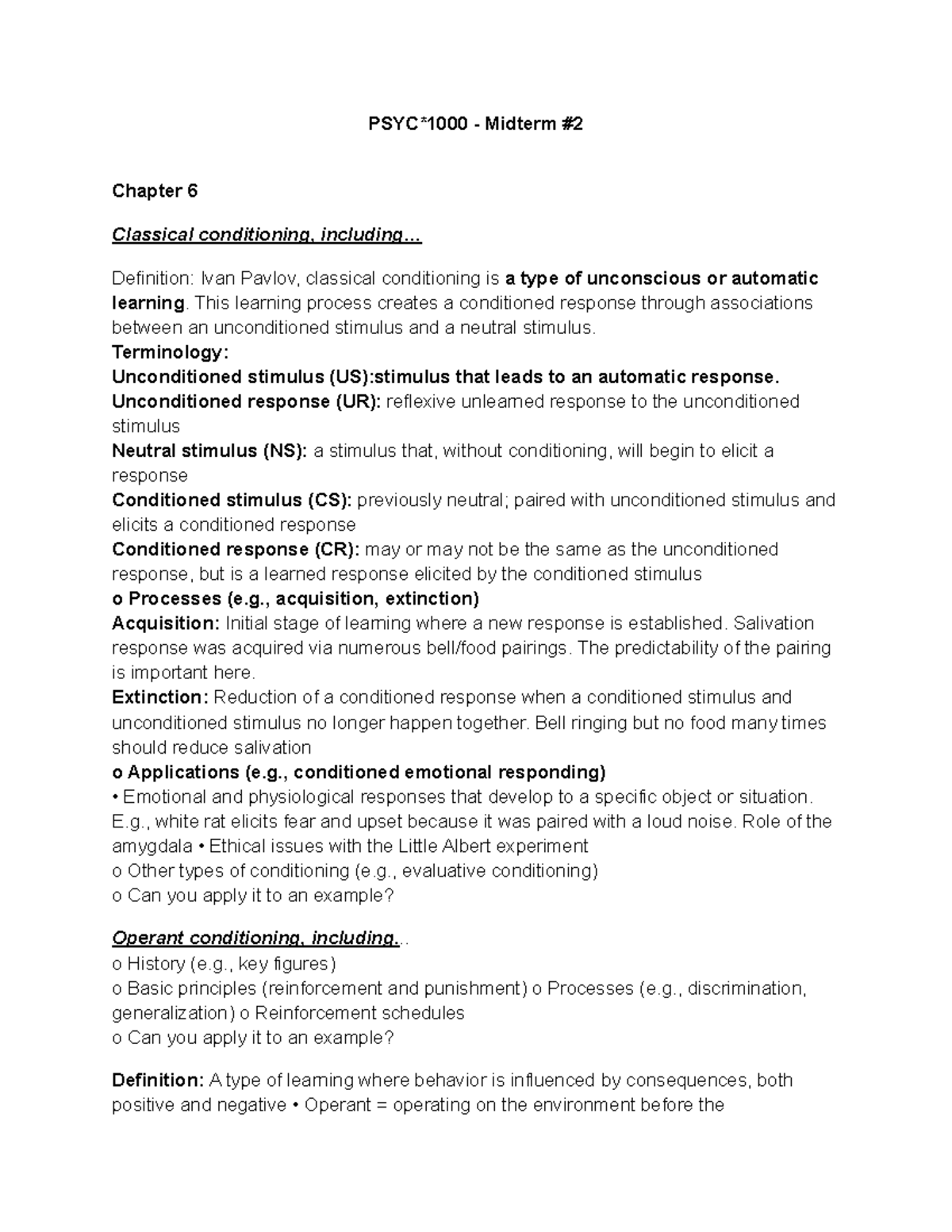 PSYC*1000 - Midterm #2 - .. Definition: Ivan Pavlov, classical conditioning is a type of ...