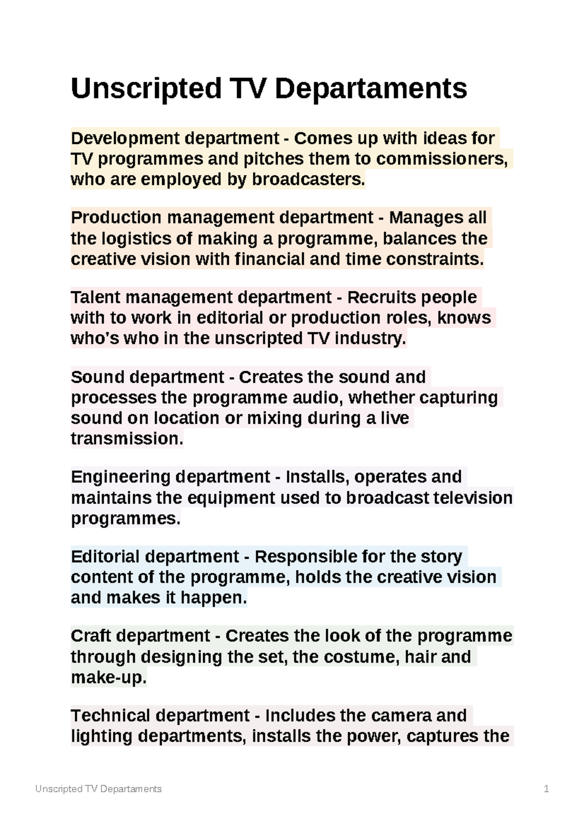 Unscripted TV Departaments - Production management department - Manages ...