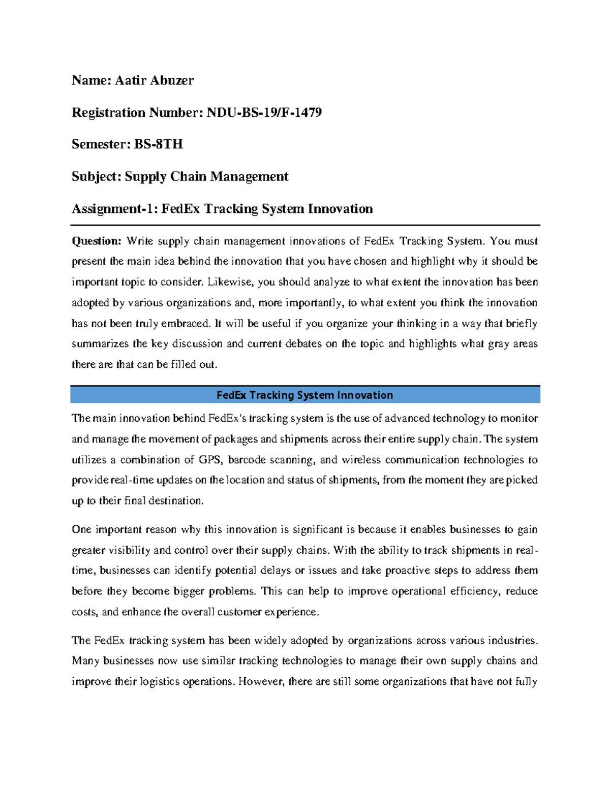 Supply Chain Assignment-1 - Name: Aatir Abuzer Registration Number: NDU ...