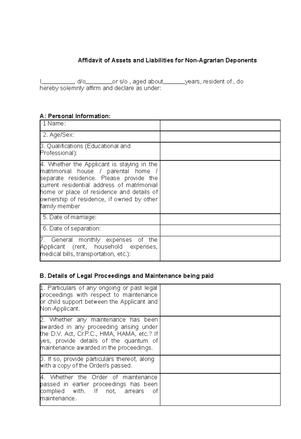 Income affidavit supreme court format - Affidavit of Assets and ...