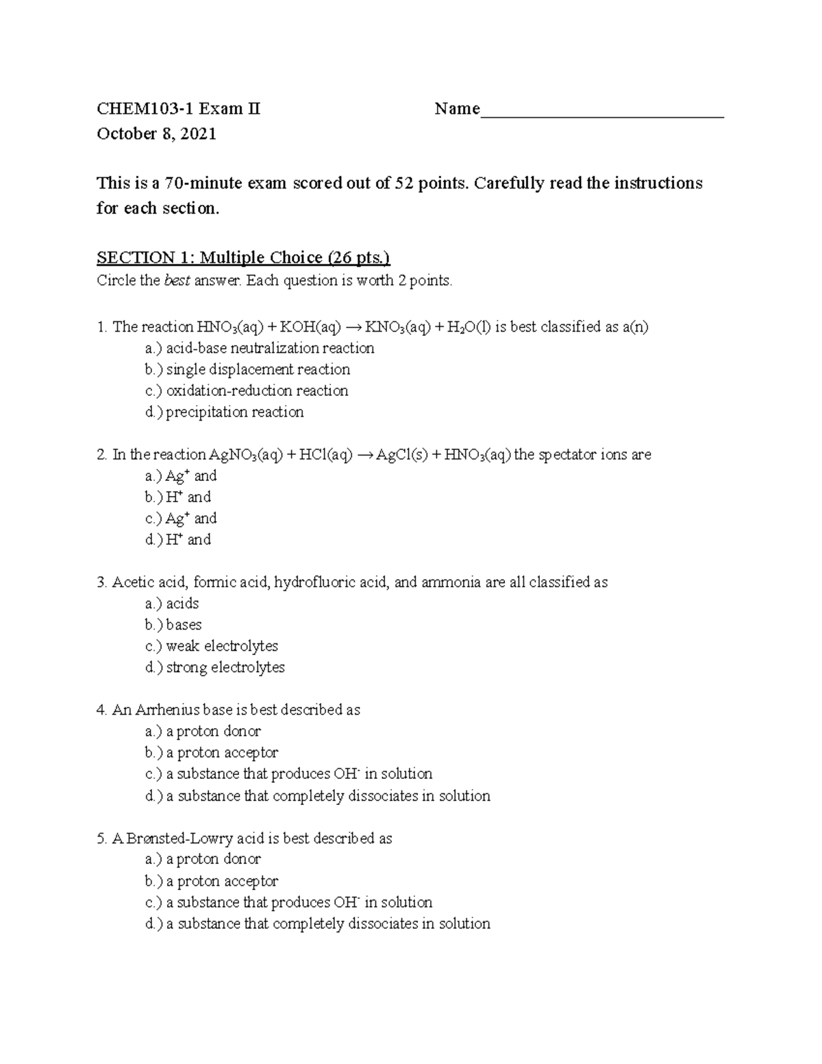 CHEM103-1 Exam 2 F21 - Exam 2 Practice - CHEM103-1 Exam II Name
