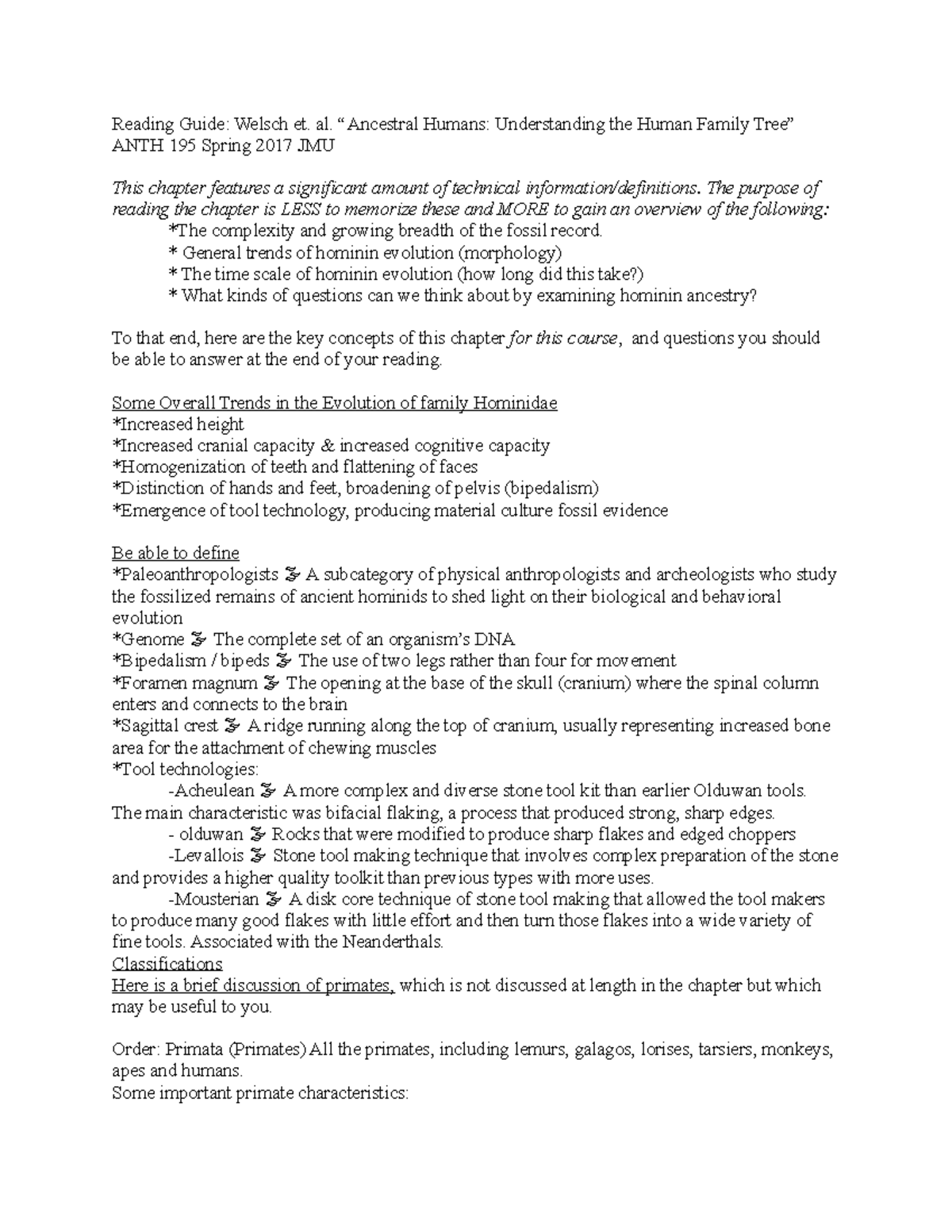 ANTH - ANthropology - Reading Guide: Welsch et. al. “Ancestral Humans ...