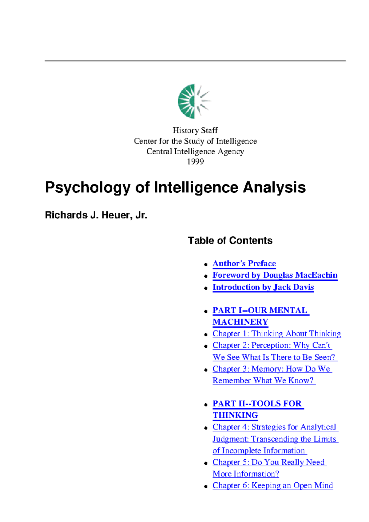 Psychology Of Intelligence Analysis (Cia) 1999 - Heuer, Richards ...
