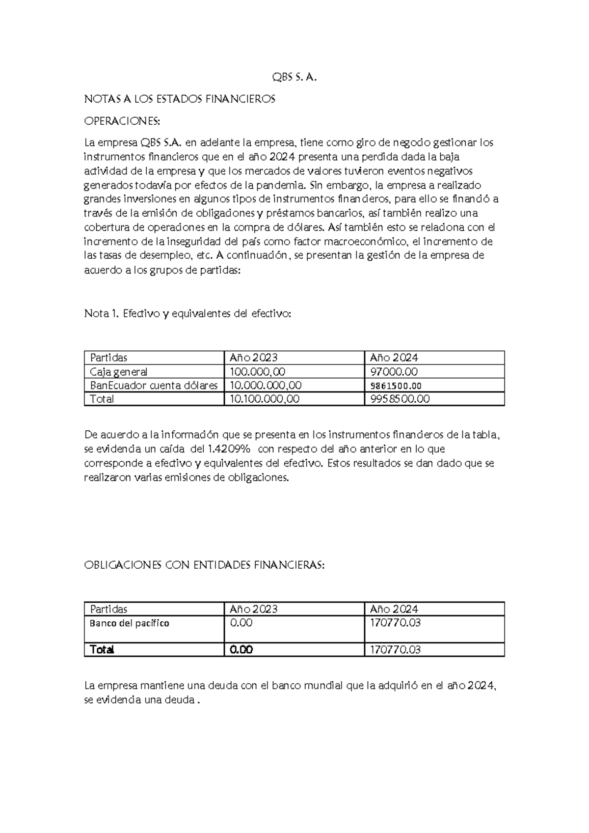 Ejemplo de notas a los EEFF QBS SA (2) - QBS S. A. NOTAS A LOS ESTADOS FINANCIEROS OPERACIONES ...