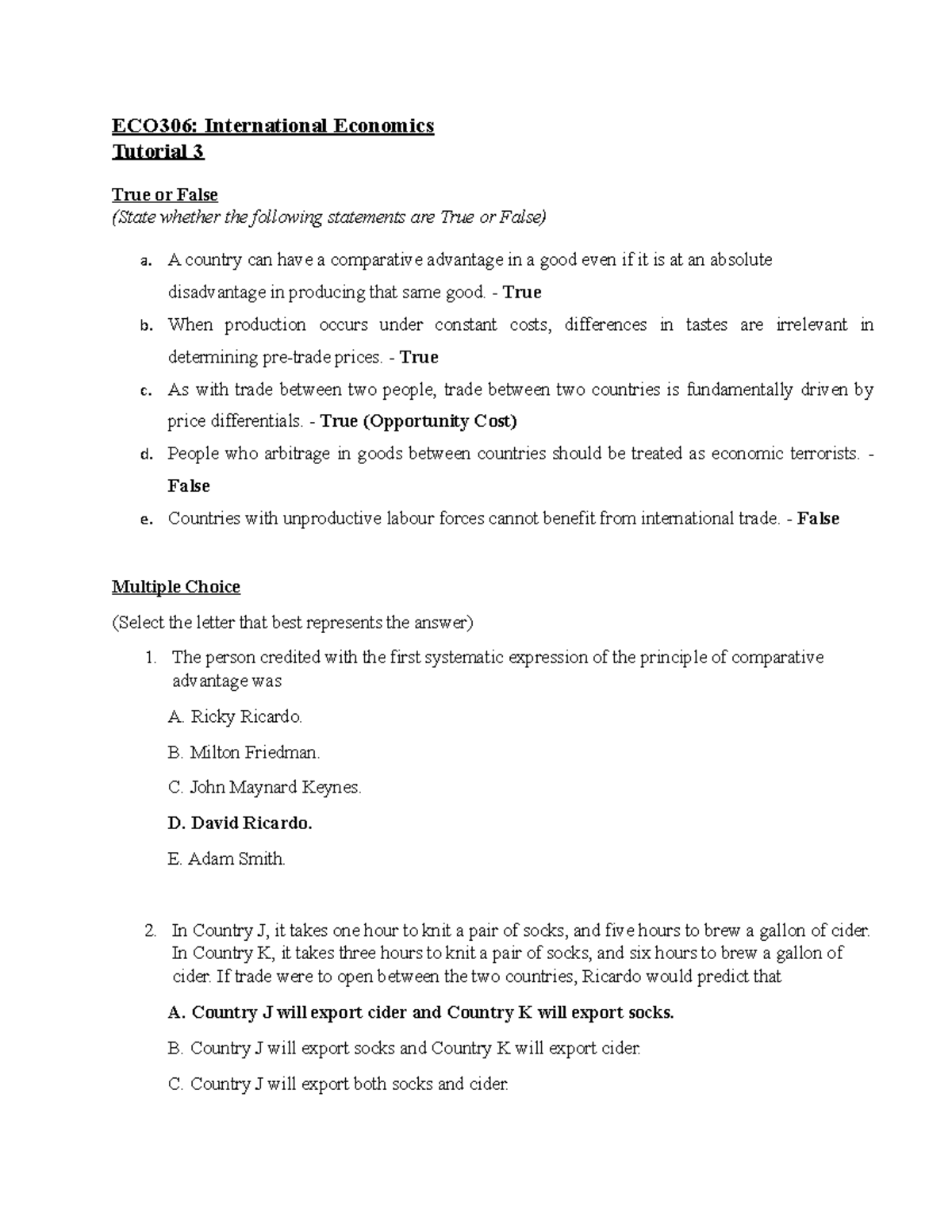 Tutorial 3 Answer - ECO306: International Economics Tutorial 3 True or ...