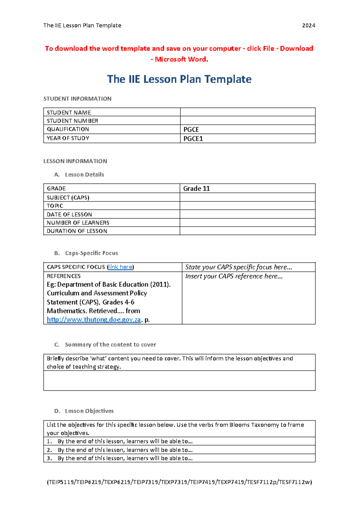 The IIE Lesson Plan Template-2 - To download the word template and save ...