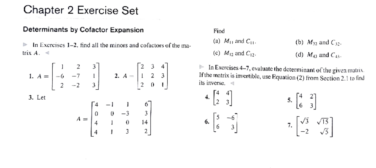 Chapter 2 BOOK - cvf - Determinants by Cofactor Expansion Find (a) Mi1 ...