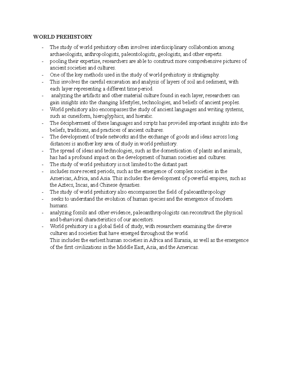 World Prehistory Notes 2 - WORLD PREHISTORY The study of world ...