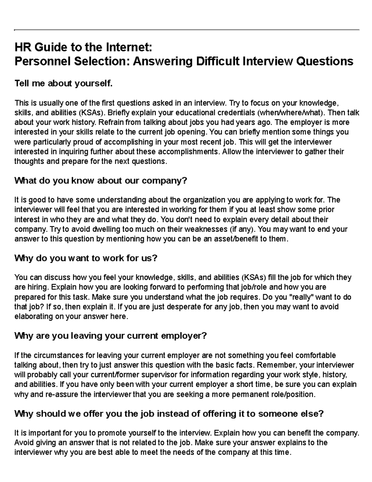 HR-Guide Personnel Selection: Interview Questions - HR Guide to the ...