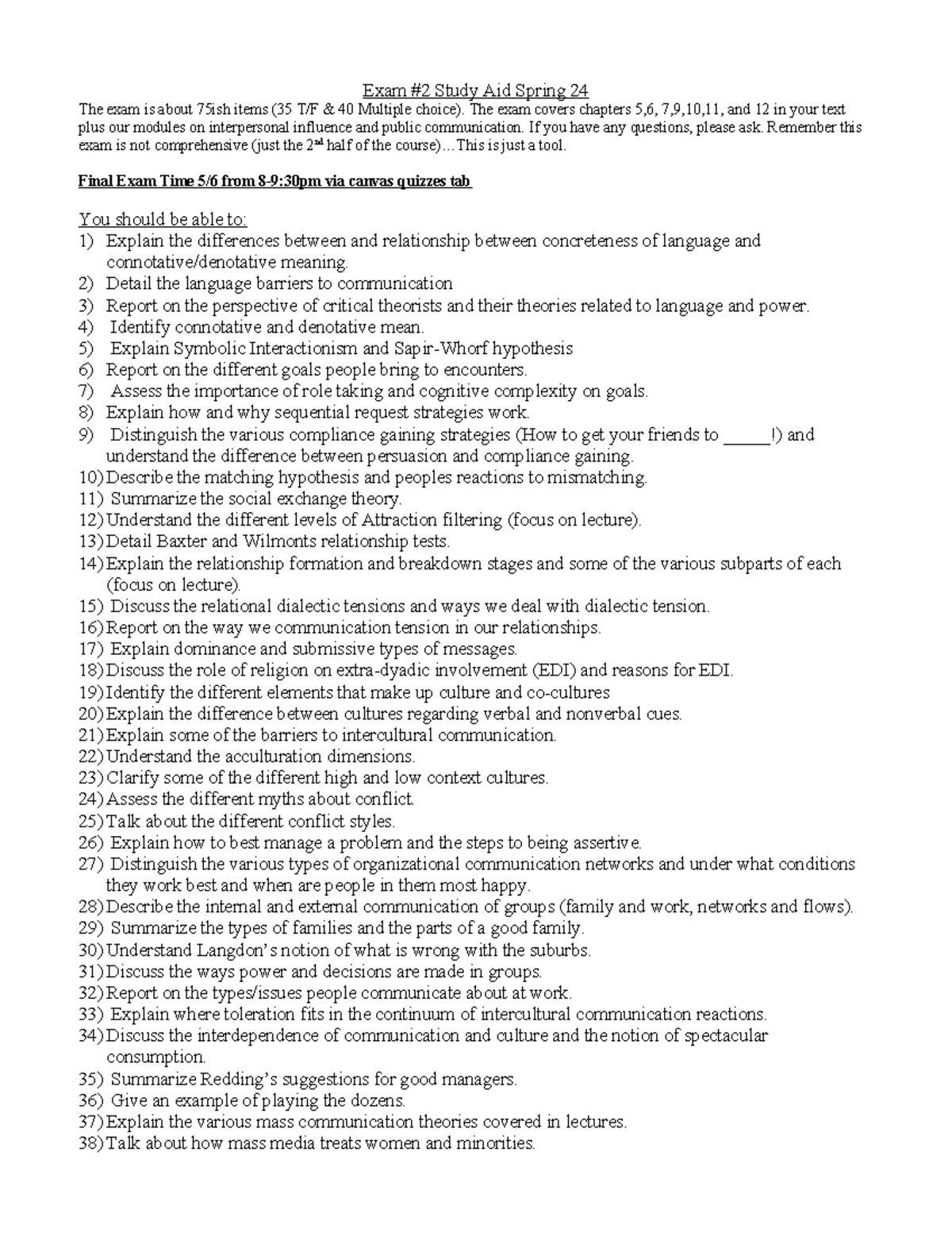 101rutgerssp 2402exam2studyaid - Exam #2 Study Aid Spring 24 The exam ...