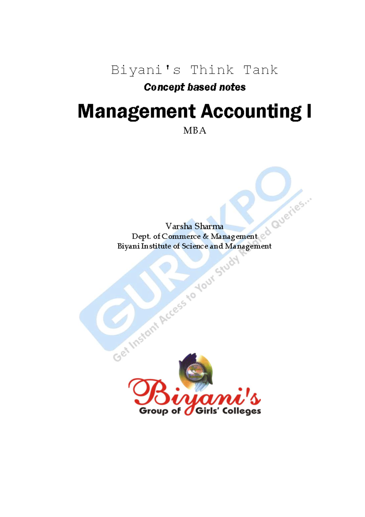 Management Accounting I - Biyani's Think Tank Concept based notes ...