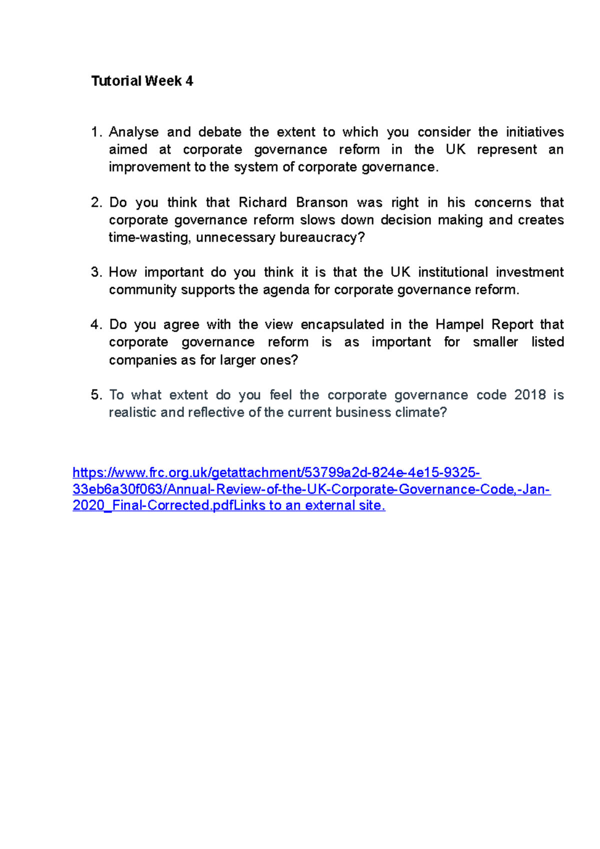 Tutorial Week 4 - The role of boards of directors in Corporate Governance - Tutorial Week 4 ...