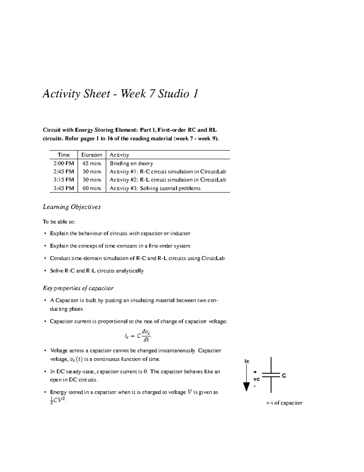 EE1111 A WK7S1 RC RL Circuits Activity Sheet - Activity Sheet - Week 7 Studio 1 Circuit with ...