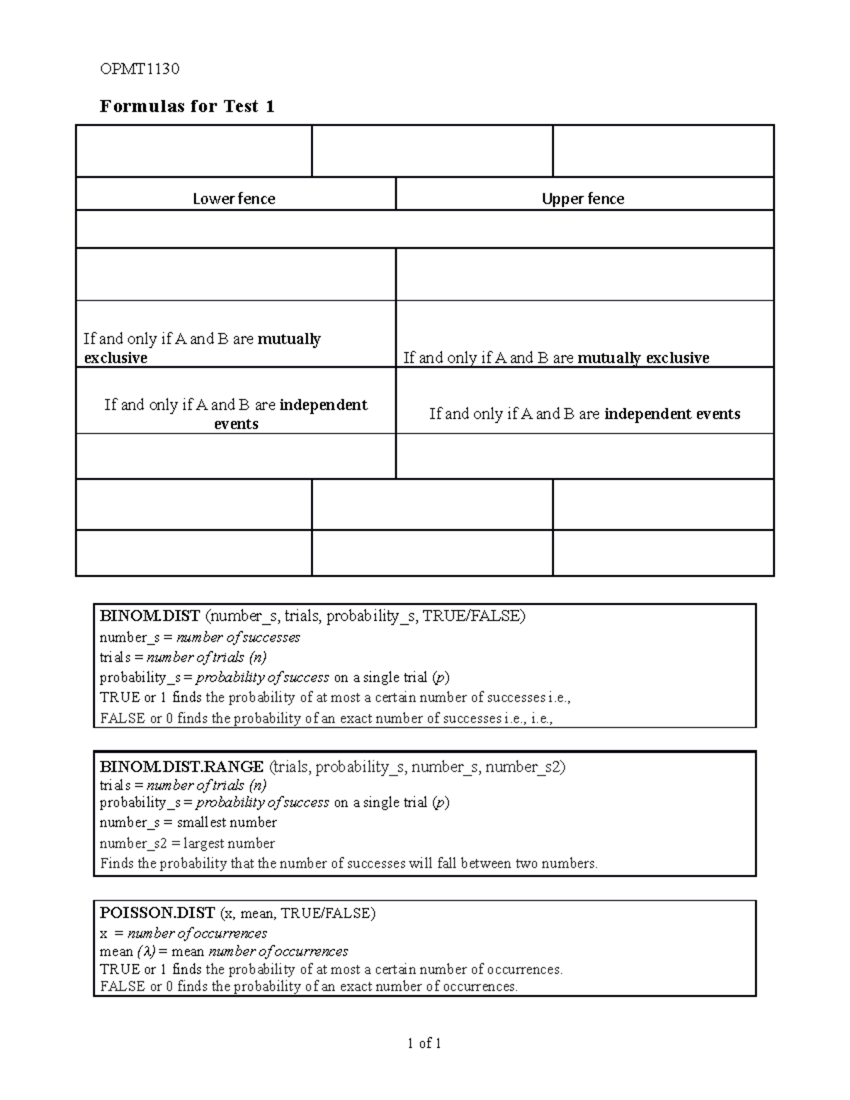 Formulas for Test 1 - mmm - OPMT Formulas for Test 1 Lower fence Upper ...