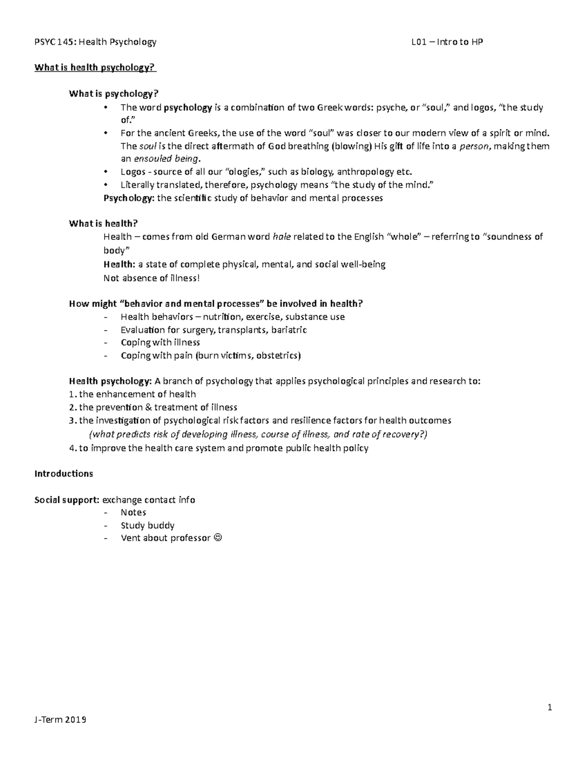 Psyc145 01 Introduction Lecture Notes Psyc 145 Health Psychology L01 Intro To Hp What Is