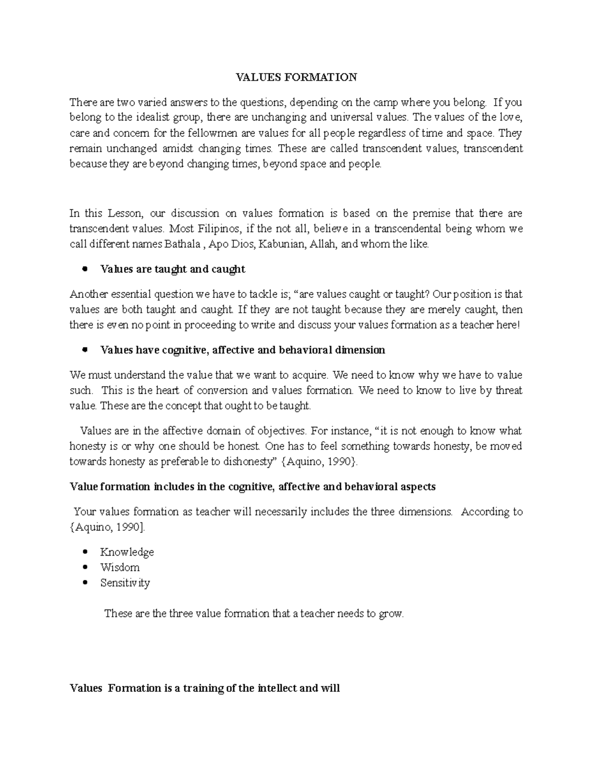 Values Formation is a training of the intellect and will - VALUES ...