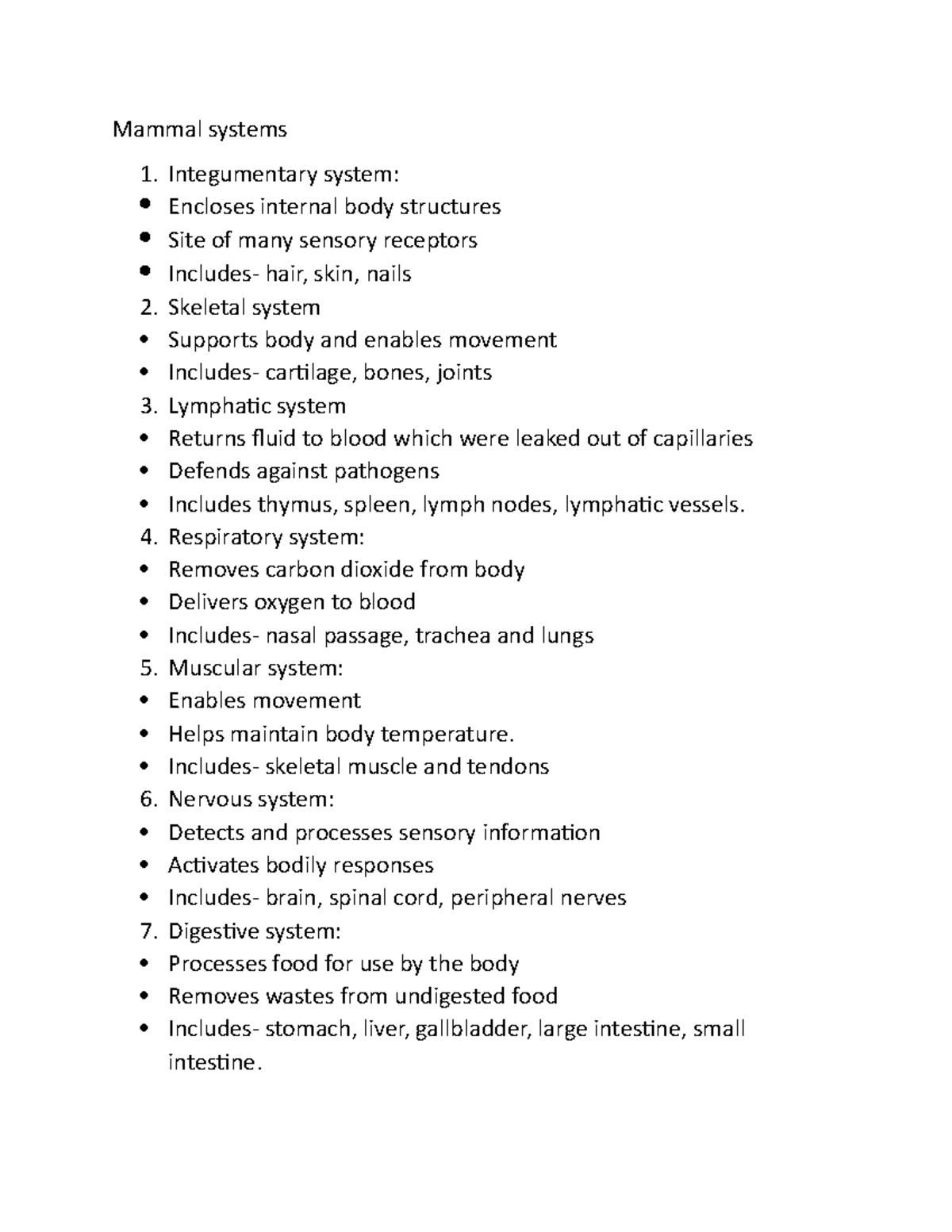 Document 6 - notes - Mammal systems Integumentary system: Encloses ...