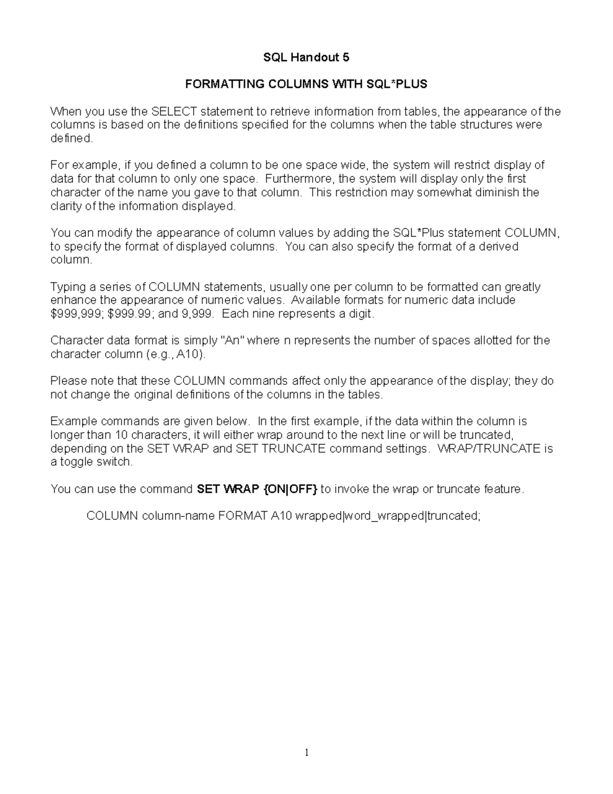 SQL Handout 5 - SQL basics to advanced topics with a number of example ...