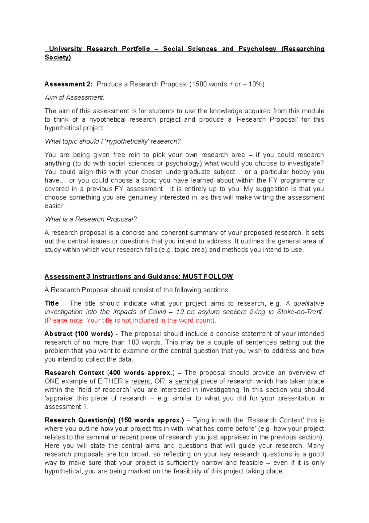Assessment 2 - Producing a Research Proposal Instructions and Guidance ...