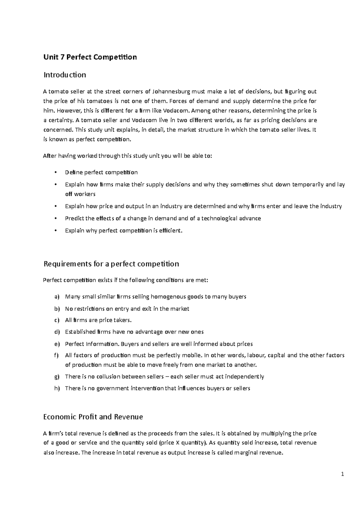 Unit 7 Perfect Competition - Unit 7 Perfect Competition Introduction A ...