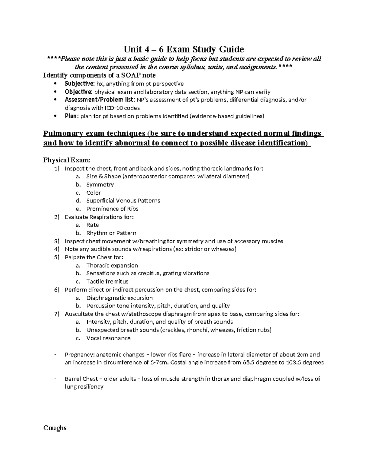 Adv Health Assessment NUR 7580 Exam 2 Study Guide - Unit 4 – 6 Exam Study Guide ****Please note ...
