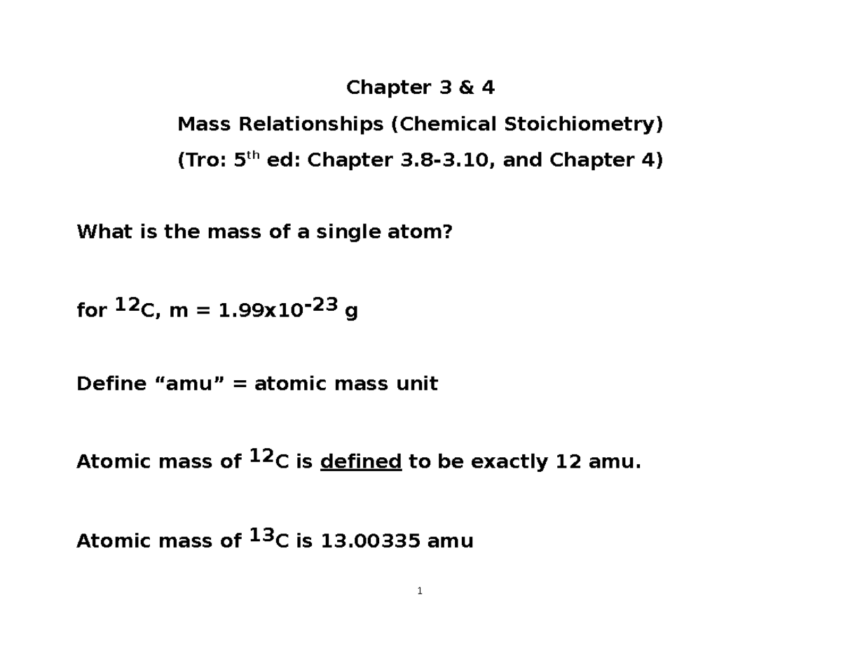 Chapter 3 and 4 summary - N/A - Chapter 3 & 4 Mass Relationships ...