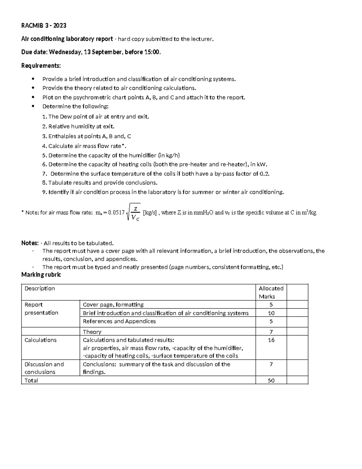 Lab Air conditioning requirements and marking rubric - RACMIB 3 - 2023 ...