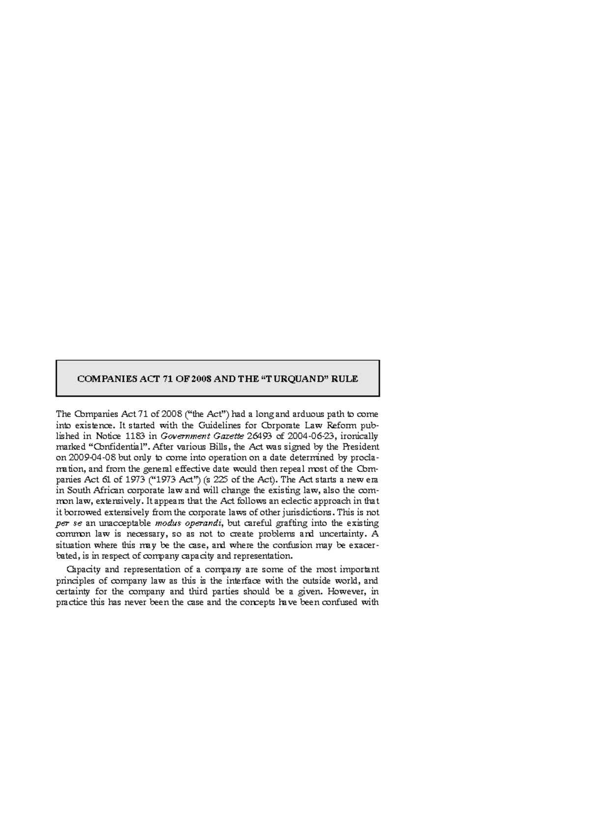 Turquand Rule notes - COMPANIES ACT 71 OF 2008 AND THE ìTURQUANDî RULE ...
