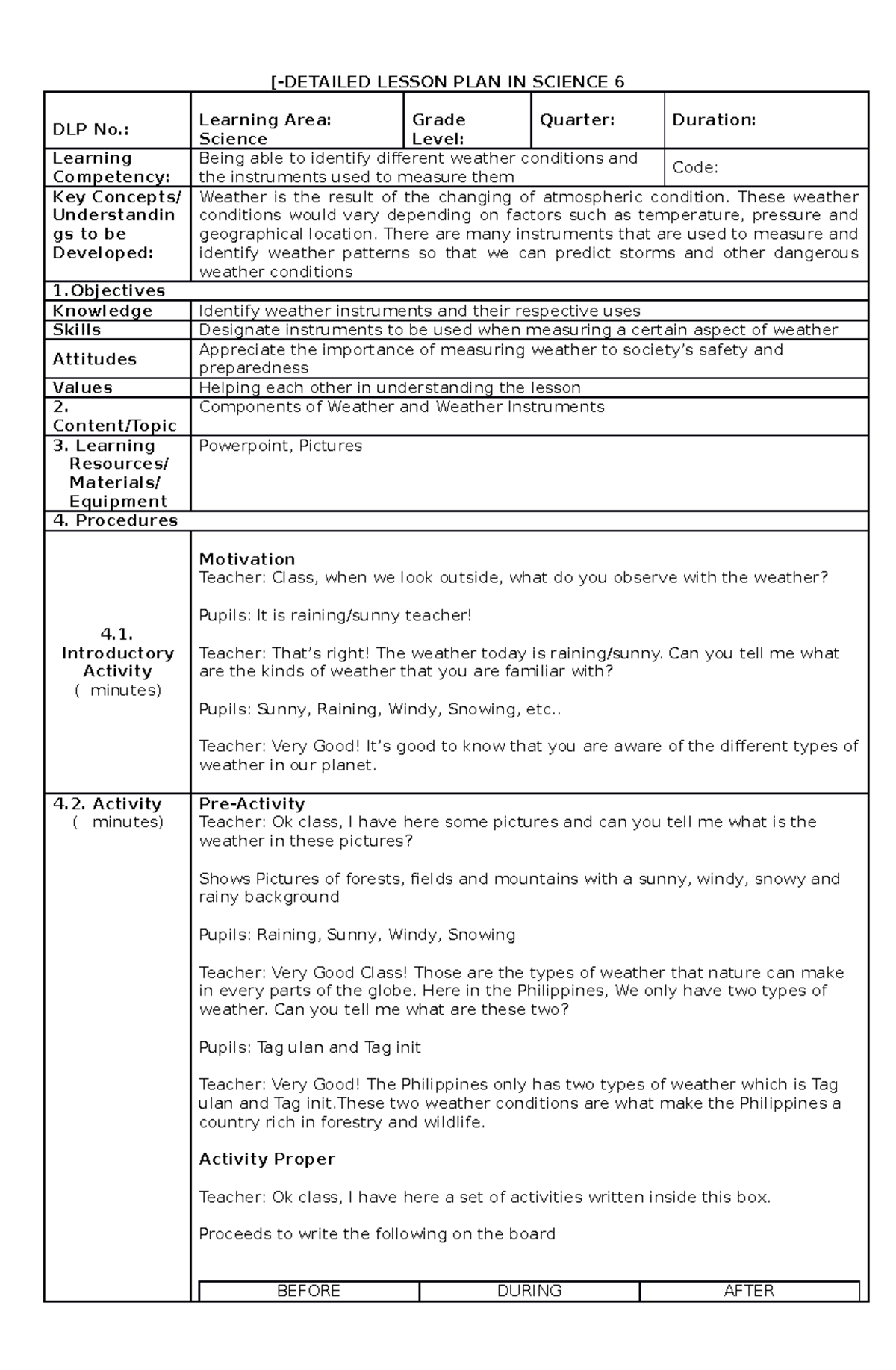 Science DLP - [-DETAILED LESSON PLAN IN SCIENCE 6 DLP No.: Learning ...