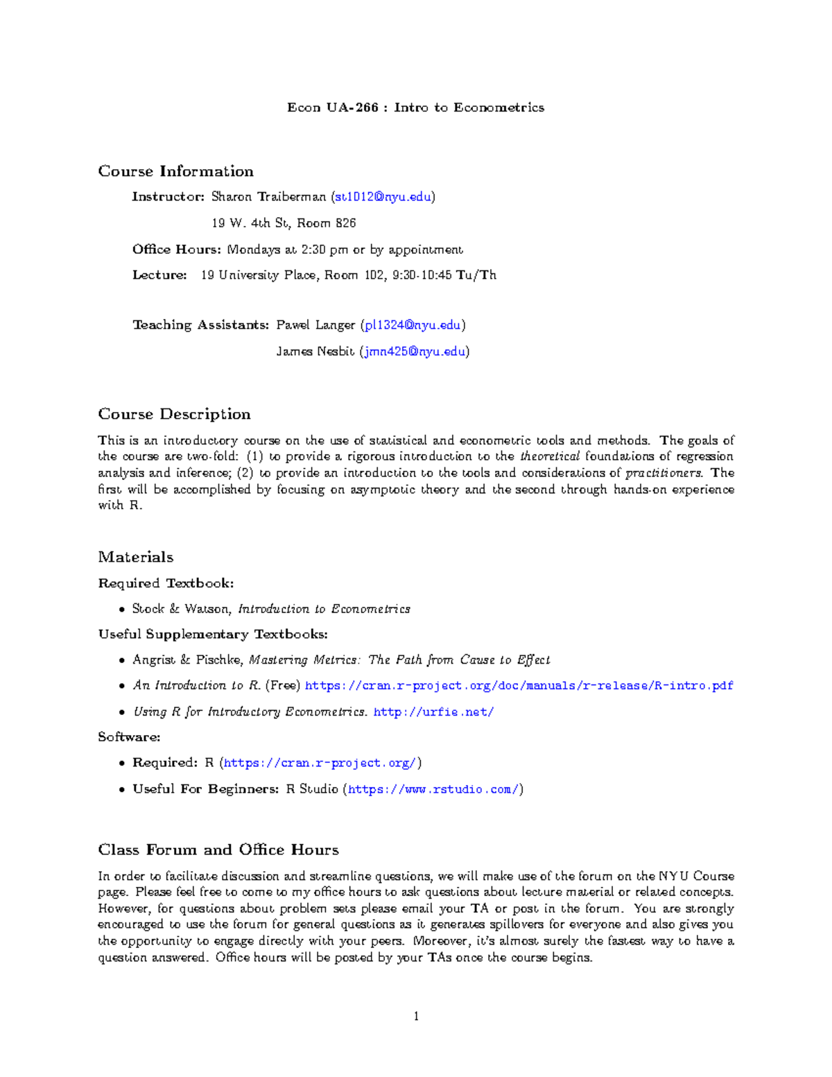 Ua266Syllabus 2018 004 - Econ UA-266 : Intro to Econometrics Course Information Instructor ...