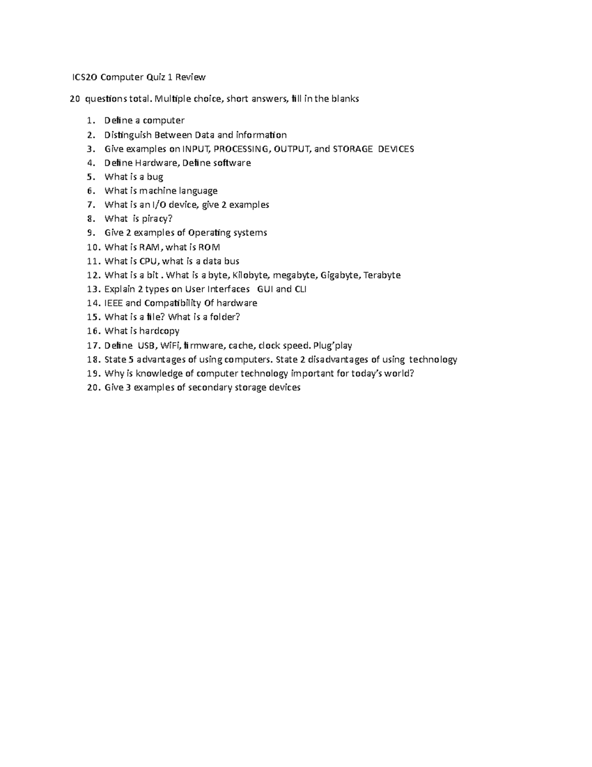 ICS2O Computer Quiz 1 Review - Multiple choice, short answers, fill in ...