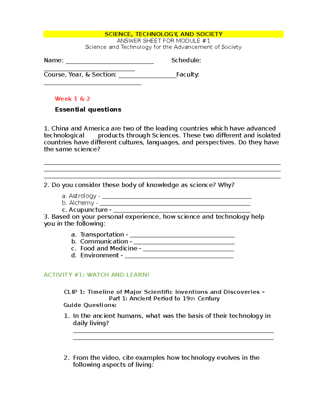 STS module 1 answer sheet - SCIENCE, TECHNOLOGY, AND SOCIETY ANSWER ...