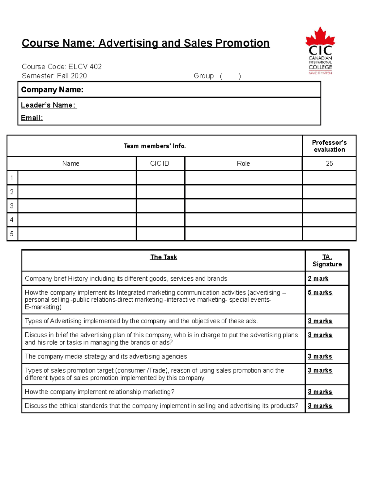 Advertising and sales promotion Project's template - Course Name ...