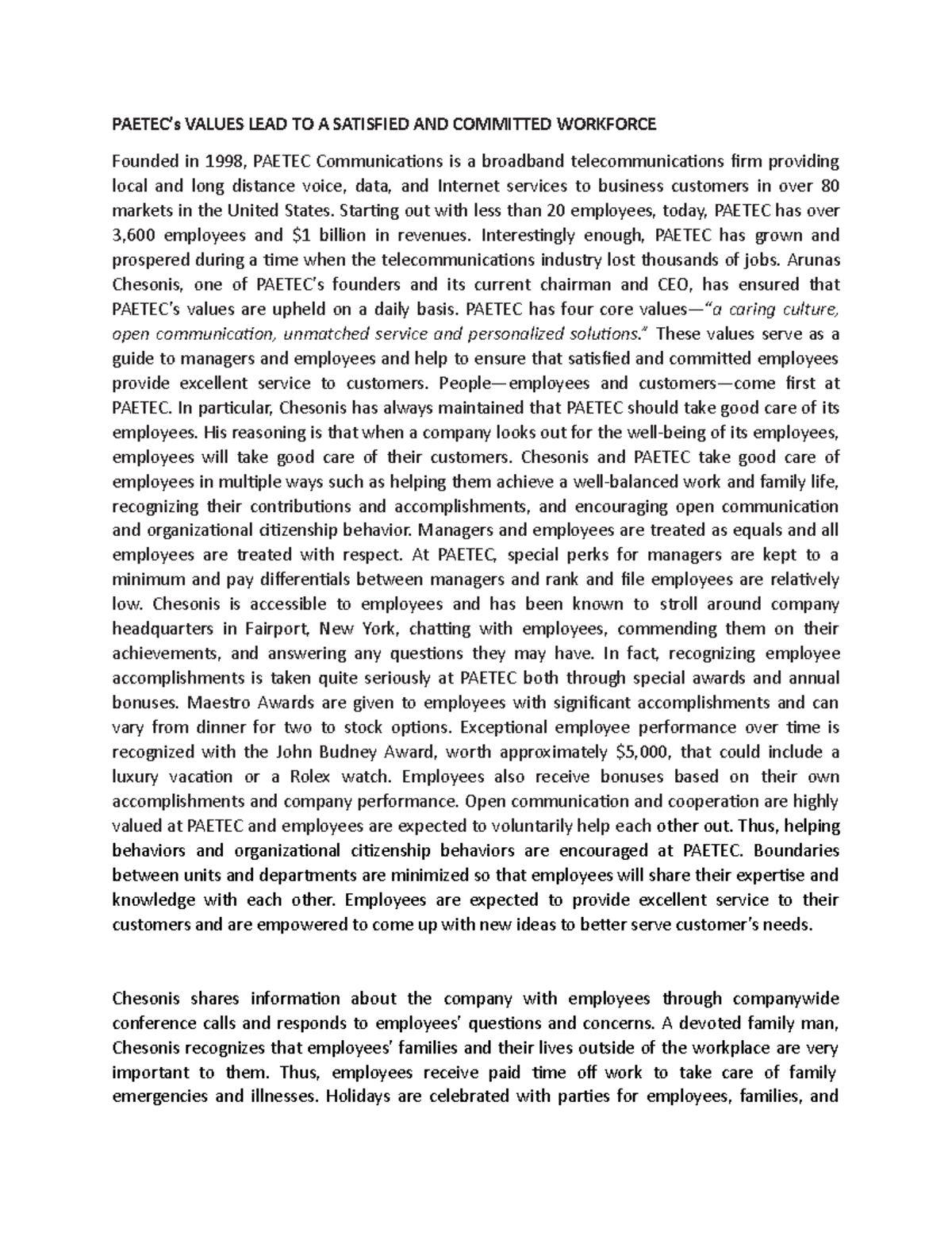 Attitude and Job Satisfaction Case Study Assignment - PAETEC’s VALUES ...