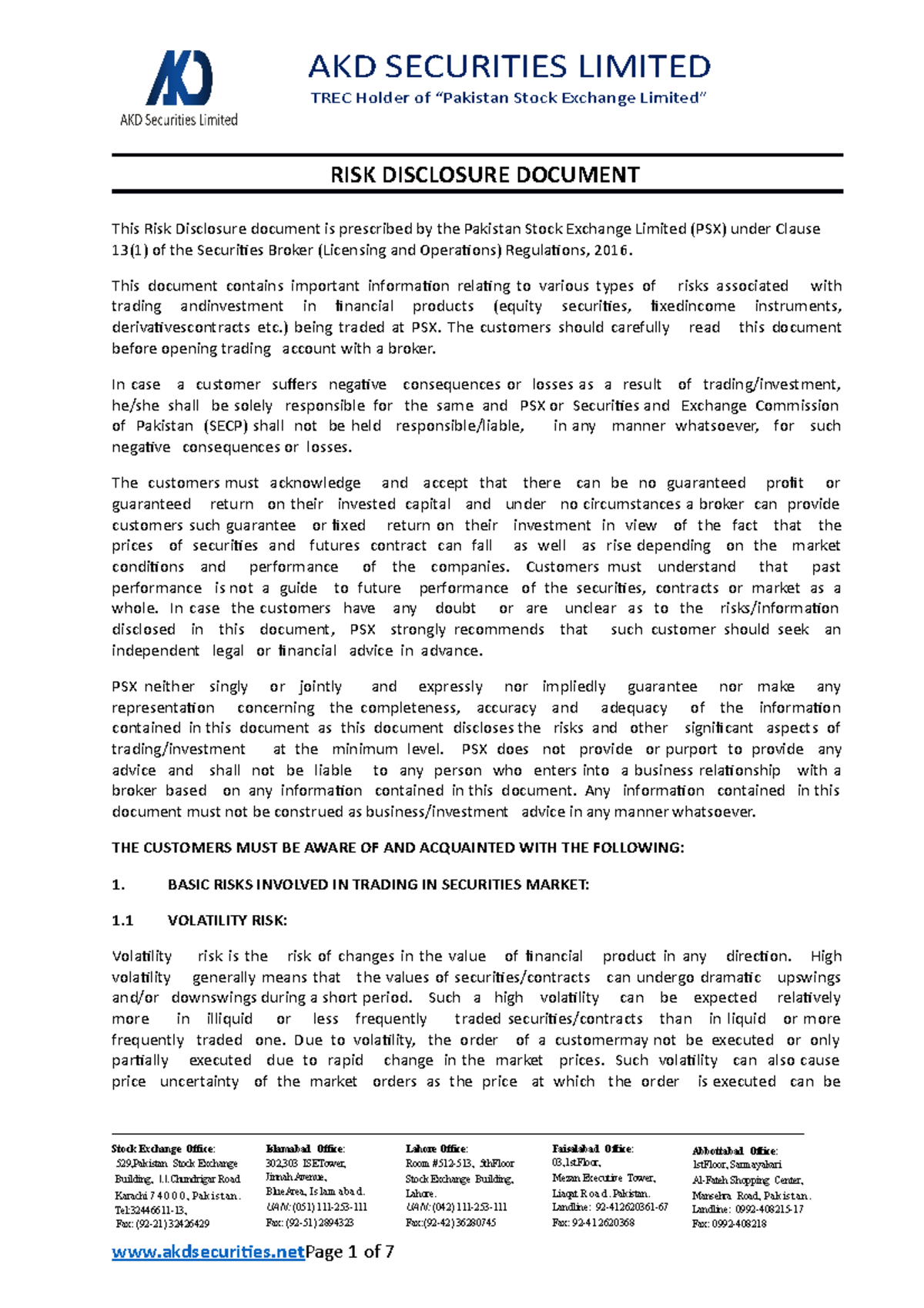 RISK Dislcosure - TREC Holder of “Pakistan Stock Exchange Limited” RISK ...