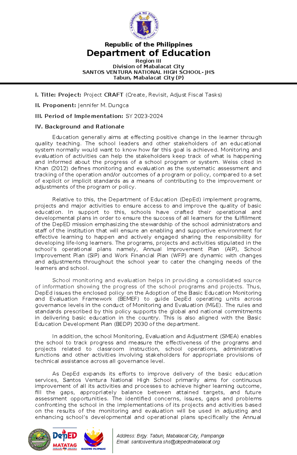 PPA Proposal- Craft - Address: Brgy. Tabun, Mabalacat City, Pampanga ...