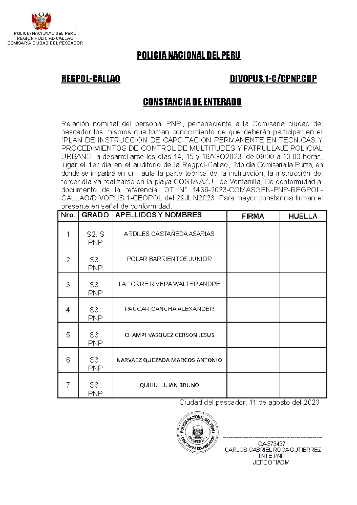 Constancia DE Enterado USE-11AGO23 - DI POLICIA NACIONAL DEL PERU ...