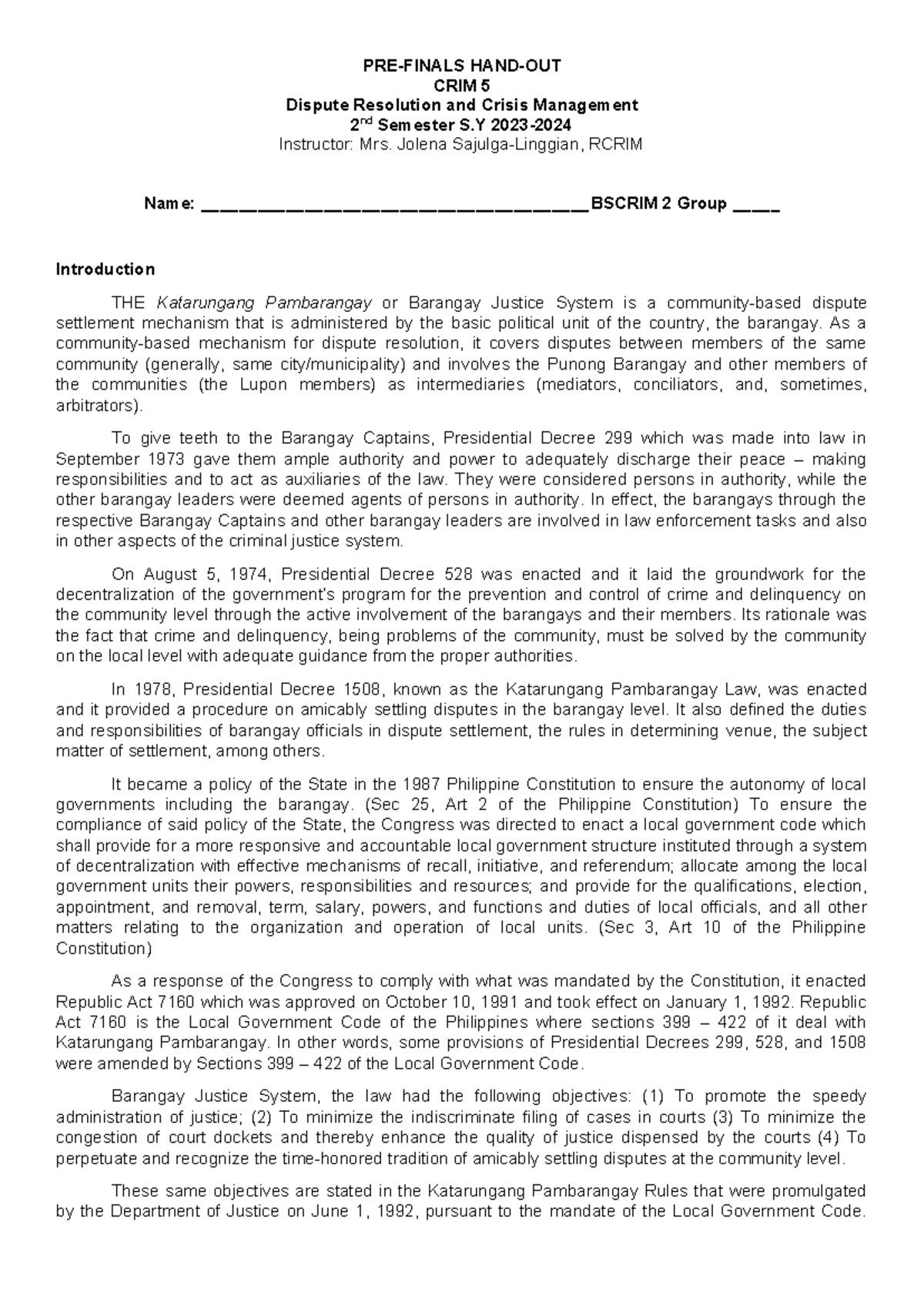 PRE- Final - Discussion - PRE-FINALS HAND-OUT CRIM 5 Dispute Resolution ...