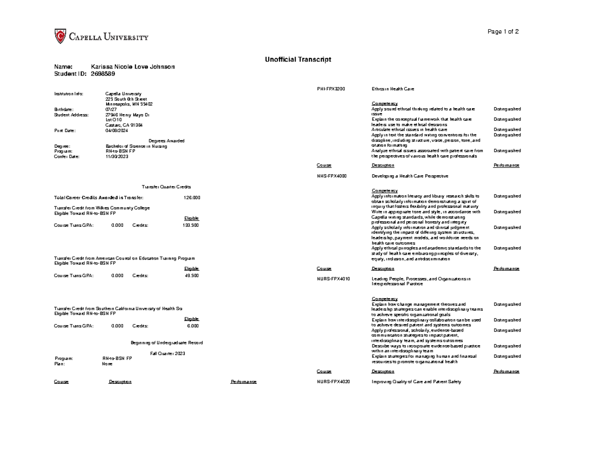 Capella Unofficial Transcript 2 - Page 1 of 2 Unofficial Transcript Name: Karissa Nicole Love ...