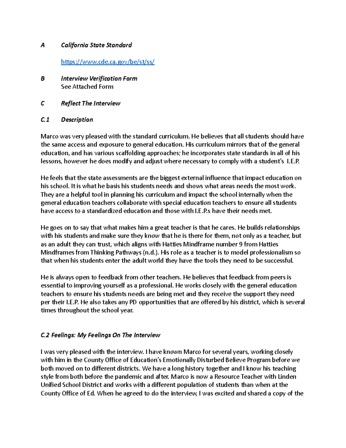 D097 Task 2 Revision Task A California State Standard Cde Ca Be St