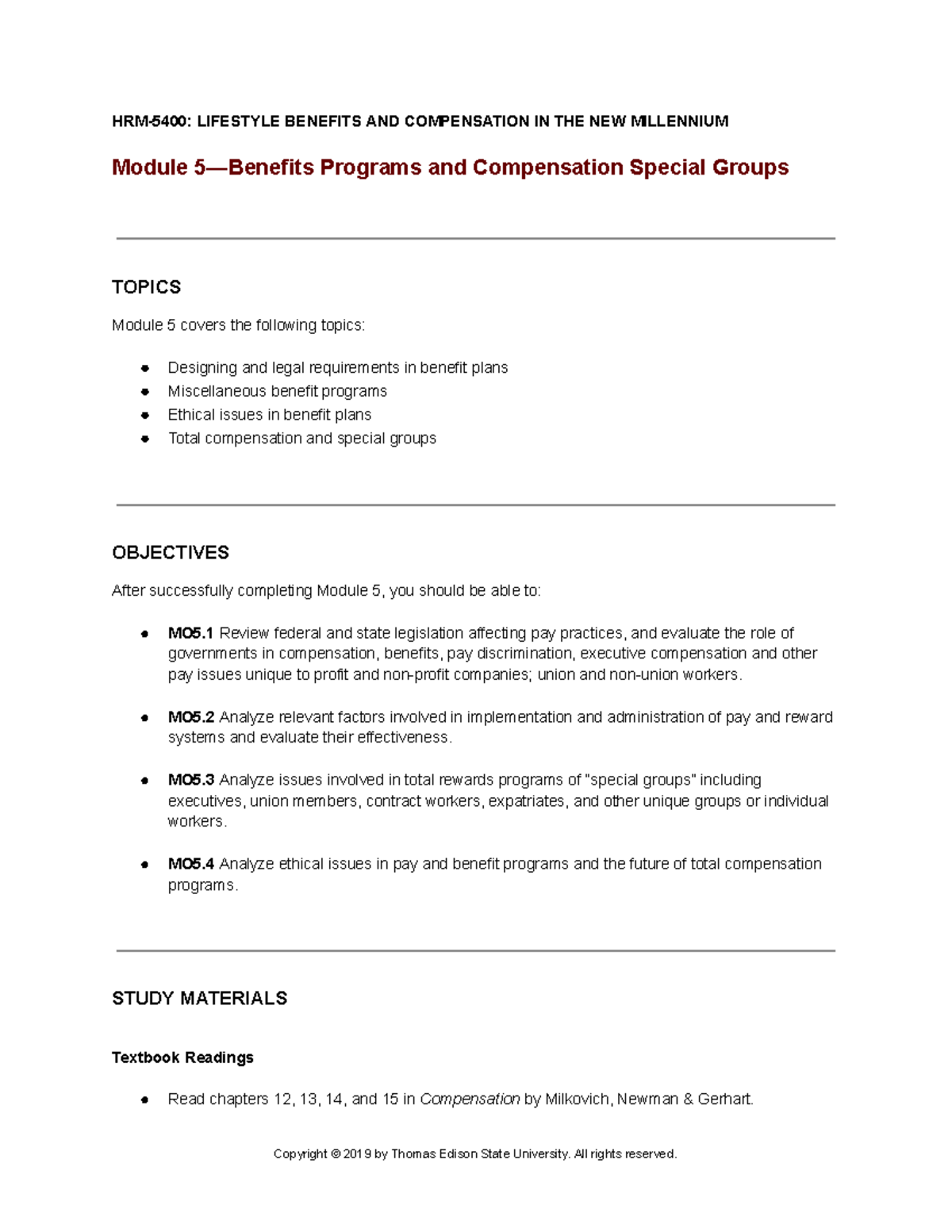 Module 5 HRM-5400-jan19 - HRM-5400: LIFESTYLE BENEFITS AND COMPENSATION ...