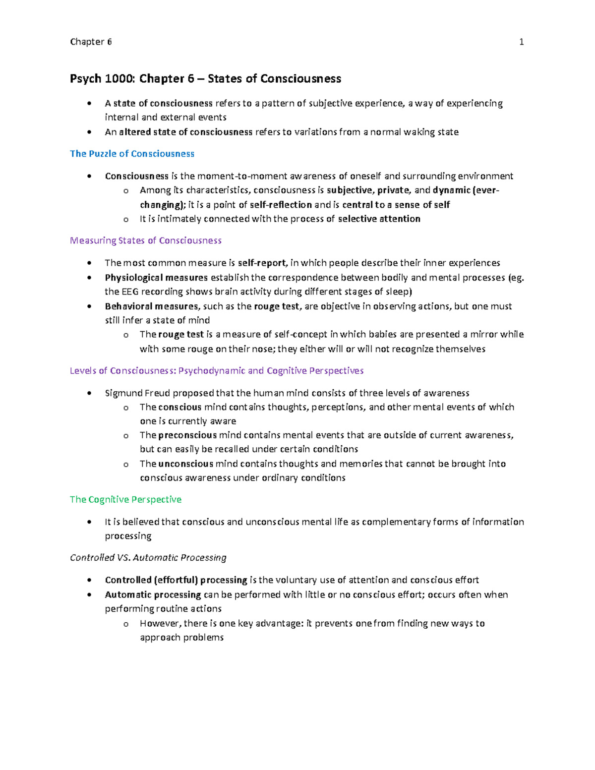 Chapter 6 - notes for bio - Psych 1000: Chapter 6 – States of ...