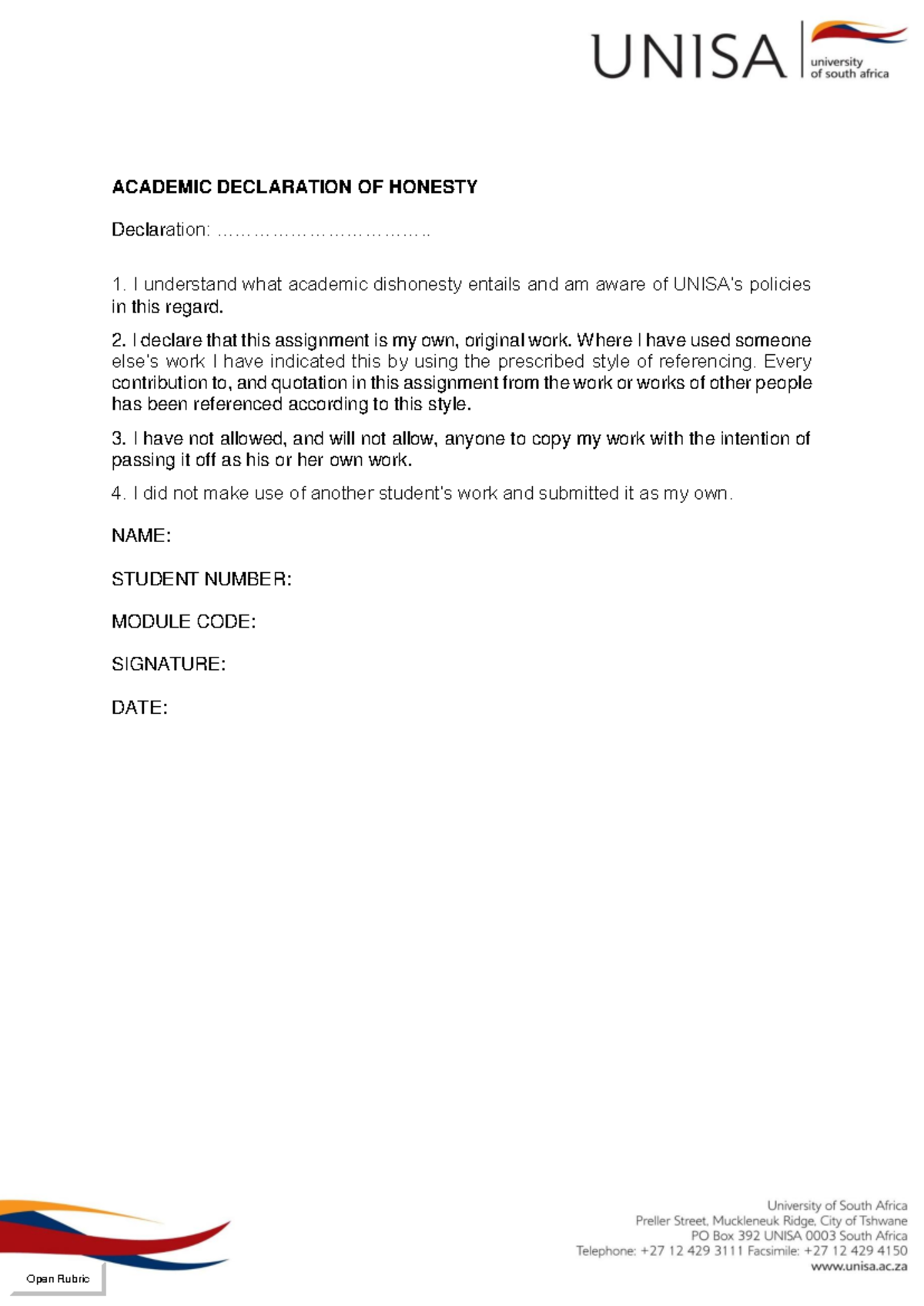 Declaration form - ACADEMIC DECLARATION OF HONESTY Declaration